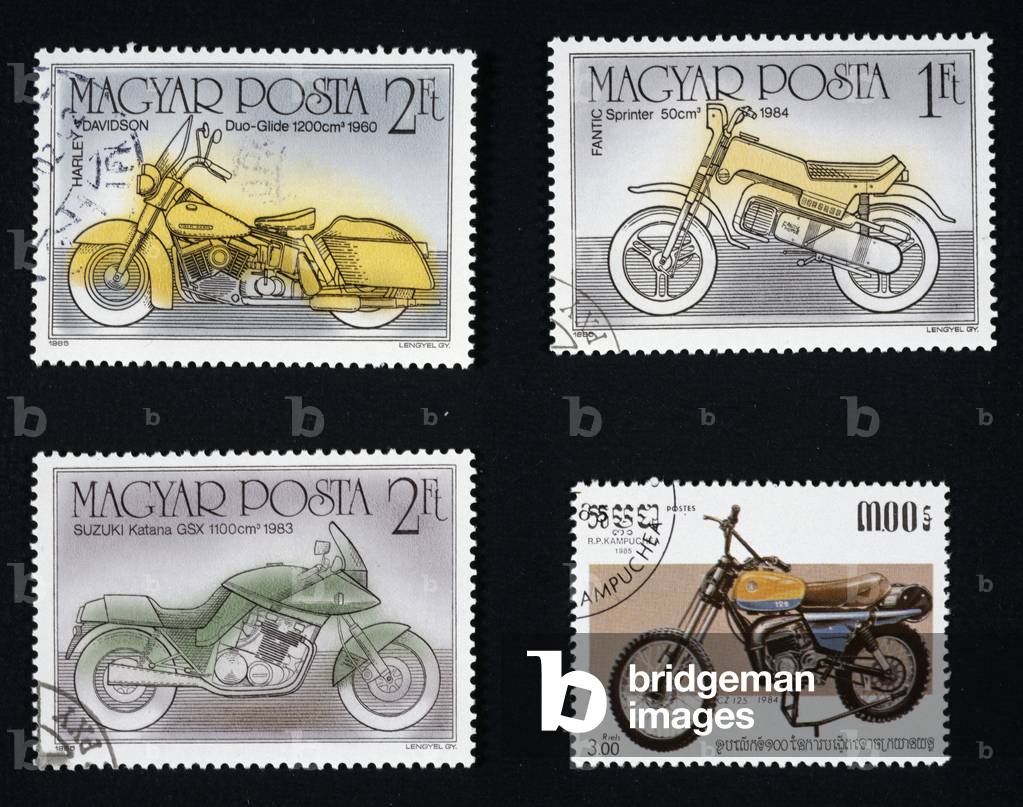 Image of Postage stamps honoring motorcycles: top and bottom left ...