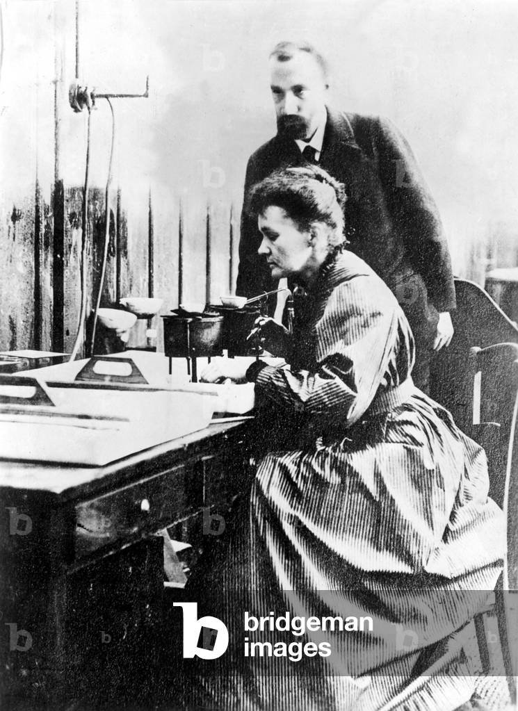 Image of Marie and Pierre Curie, shown in their Paris laboratory in