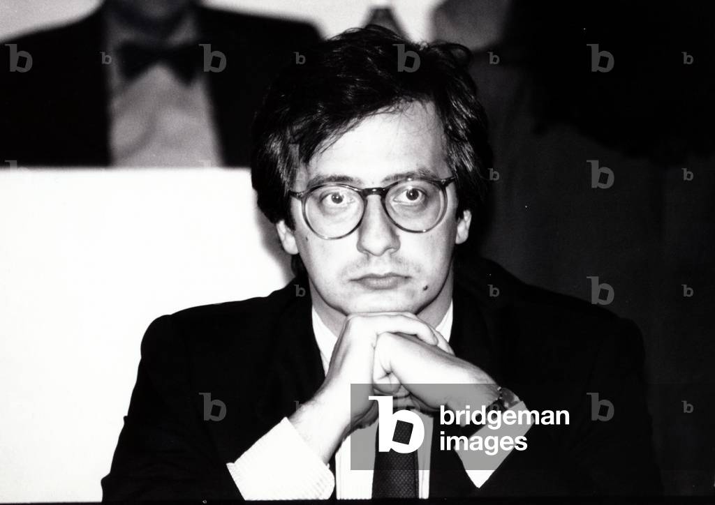 Image of Walter Veltroni attending a public meeting, Italy, 1990 (b/w ...