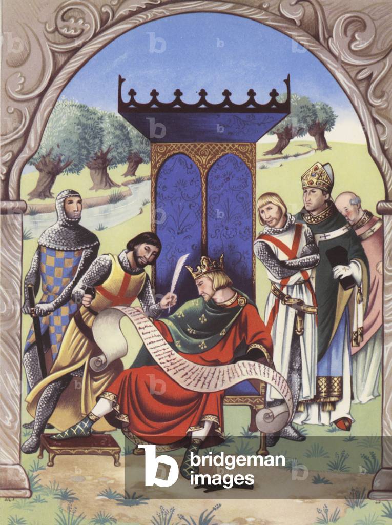 Image of King John Signs the Magna Carta (colour litho) by Johnstone ...