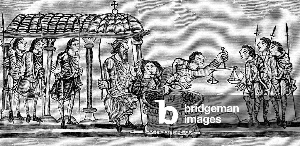 Image of Officers receiving and weighing coins at the exchequer 1130-74 ...