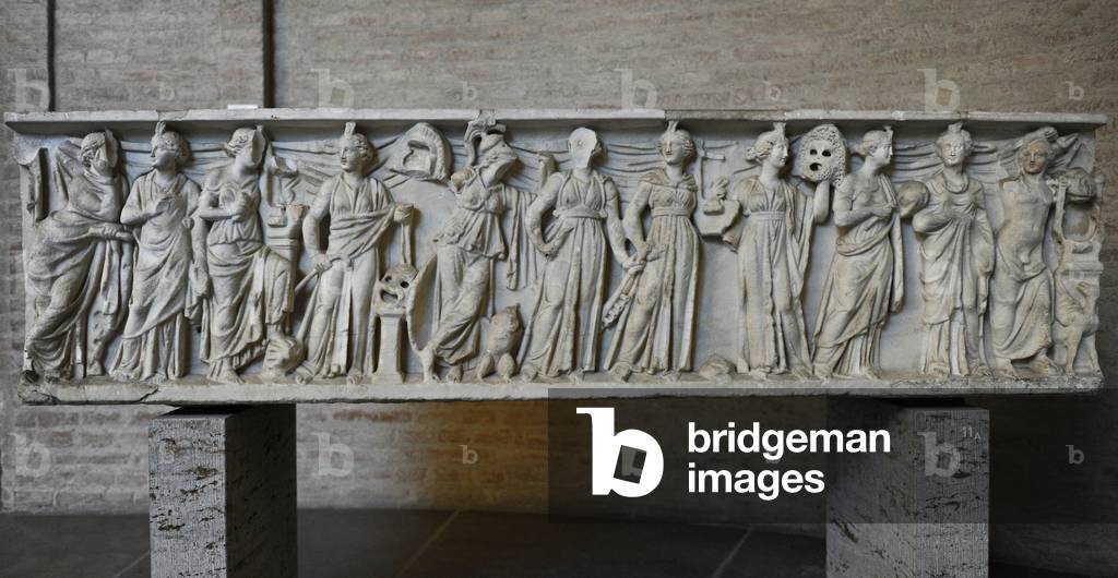 Image of Roman sarcophagus. About 180 AD. Athena, Apollo and the nine