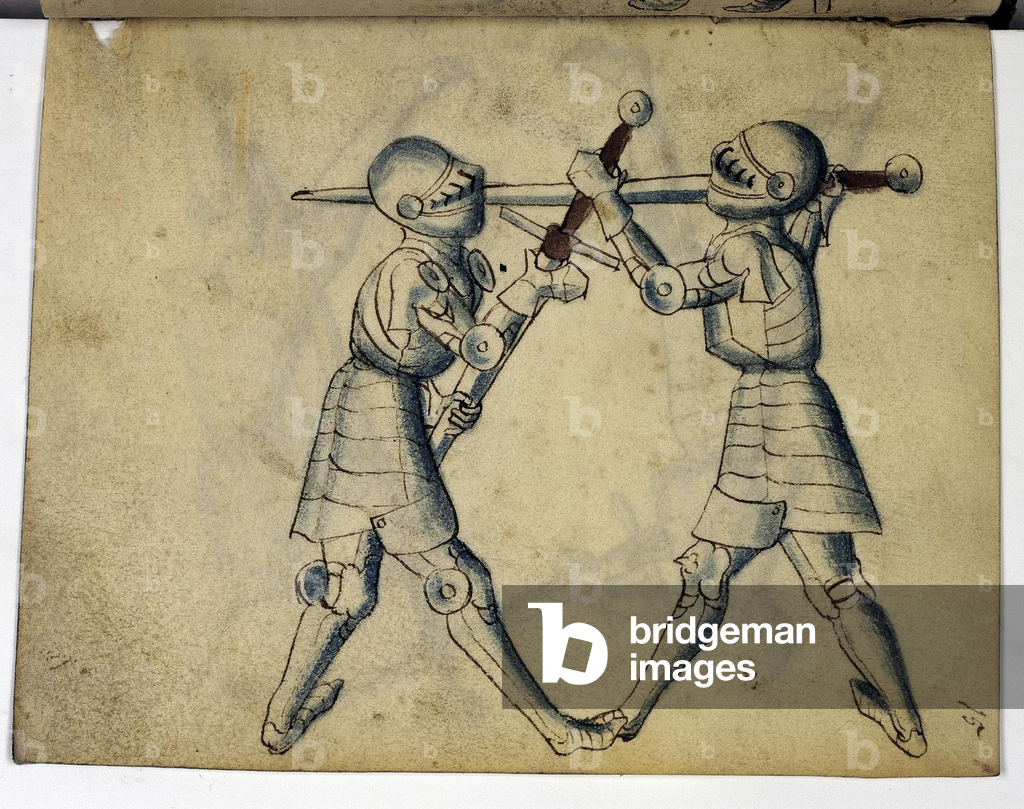 Image of Full page: fencing scene, mid 15th century (pen and brush