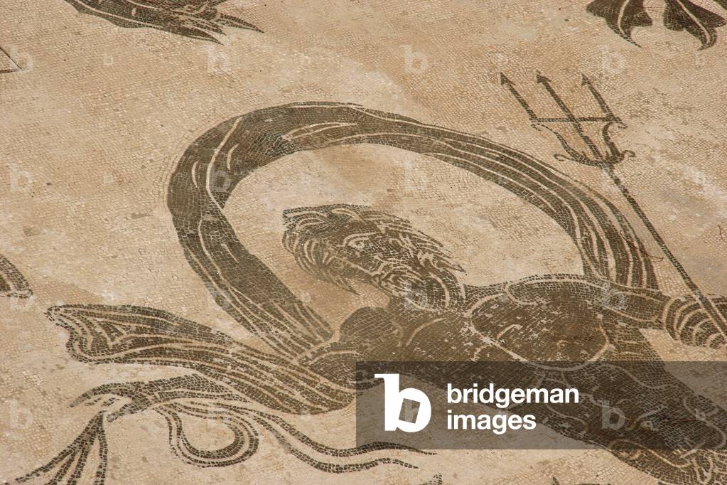Image of Roman mosaic. Neptune riding a chariot. Ostia Antica. Italy.
