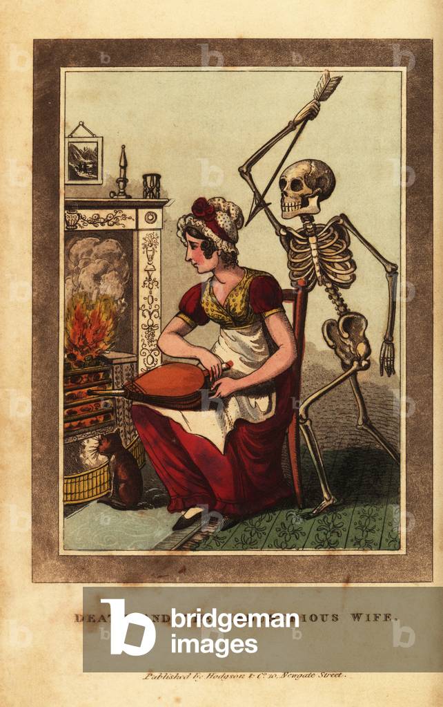 Image of Skeleton of death aiming a dart at a woman tending