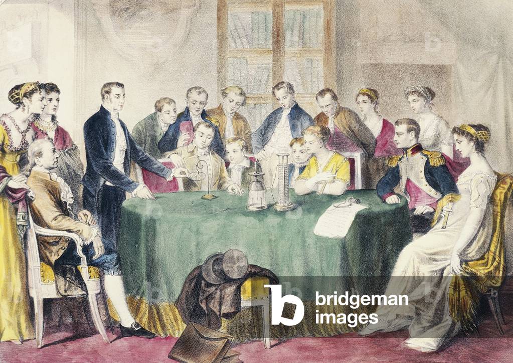 Image of Volta demonstrating his voltaic pile before First Consul ...