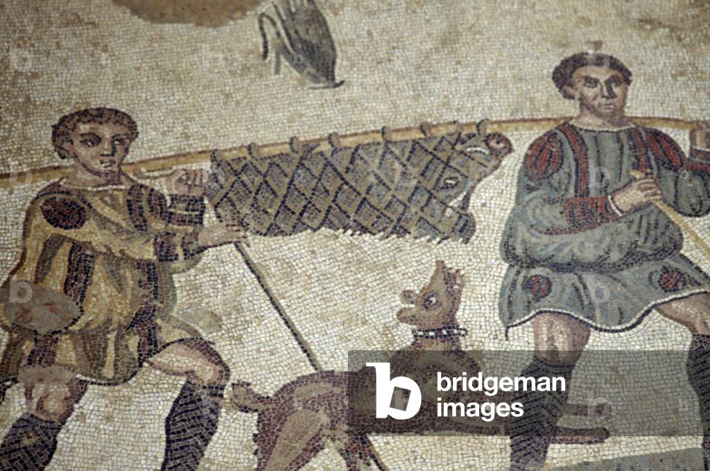 Image of Two men carry wild boar on shoulders, detail from mosaic