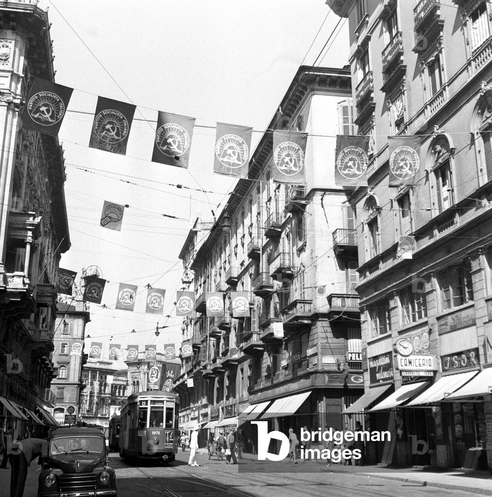 Image of Via Torino in Milan with posters of Italian Socialist Party,