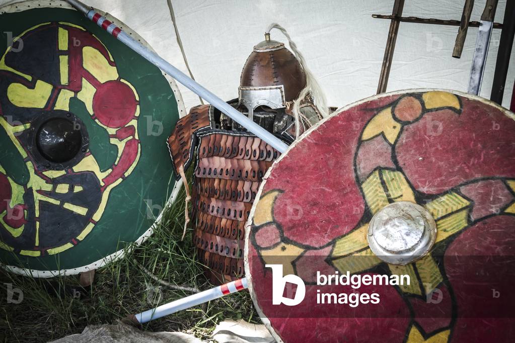 Image of Historical reenactment: Shields, armor and helmet of Lombard ...