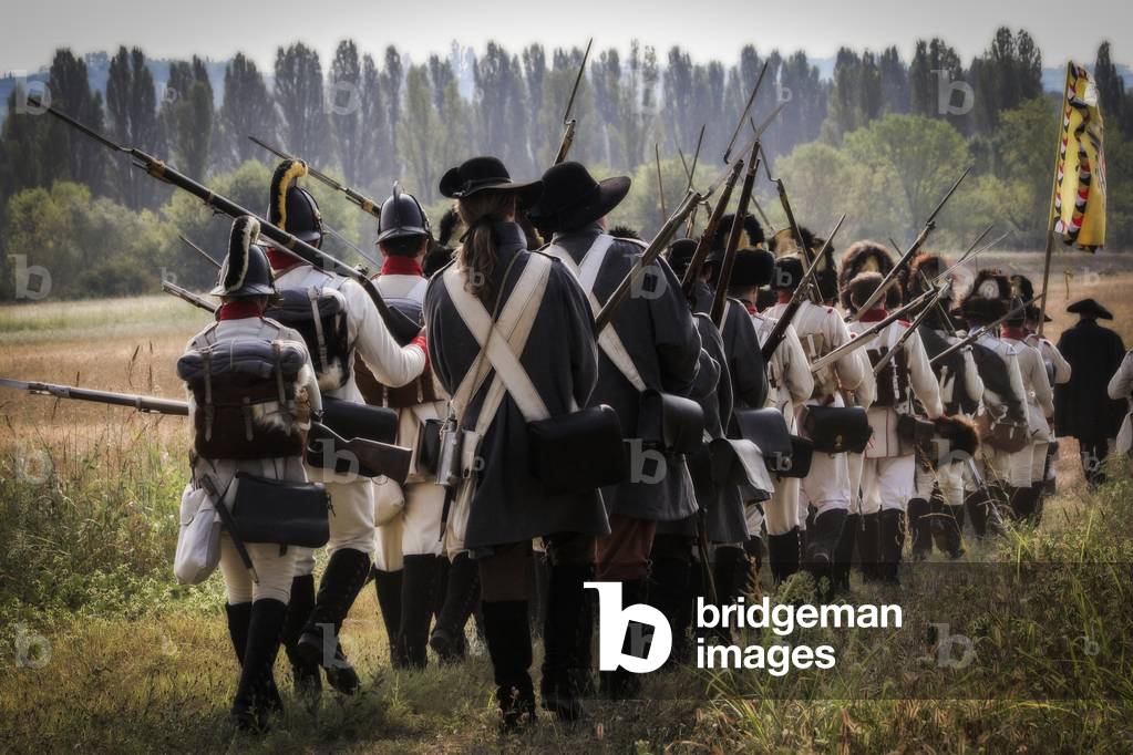 Image of Historical reenactment: Austrian imperial soldiers marching in ...
