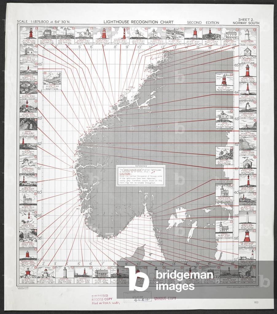 Image of A charts illustrated with sketches of lighthouses along the coasts