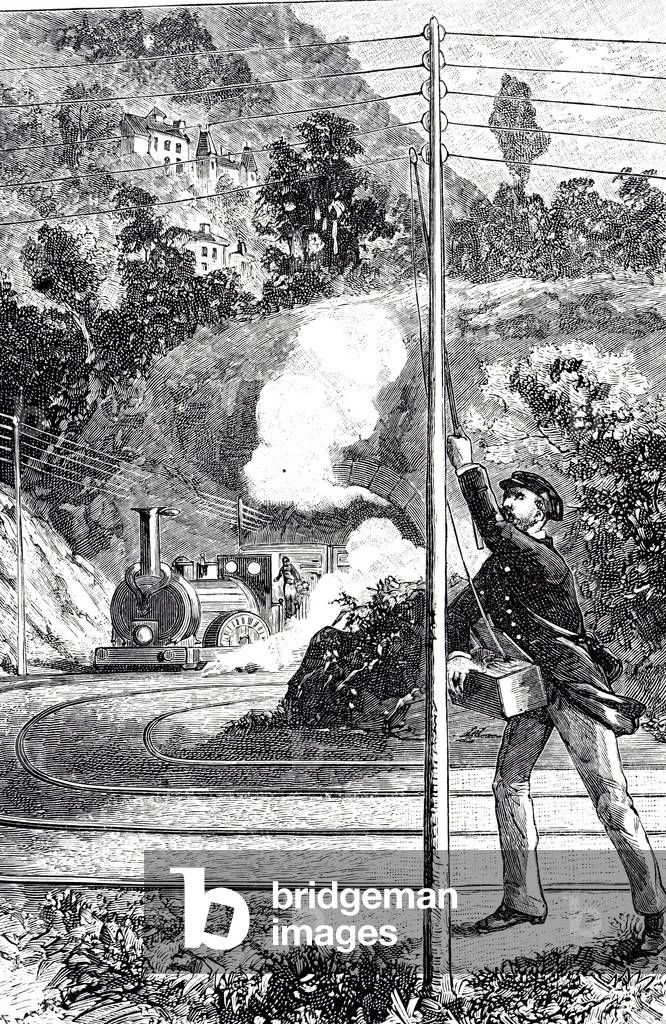 Image of An engraving depicting a train worker sending an emergency ...