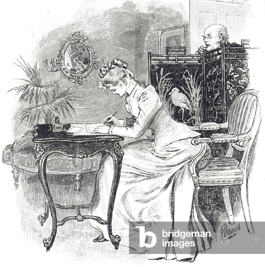 Image of Engraving depicting a young woman writing a letter, 19th century