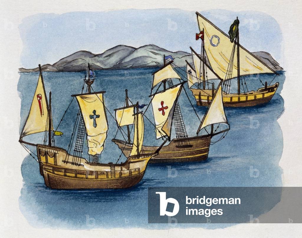 Image of Caravels of Christopher Columbus, 1492, drawing