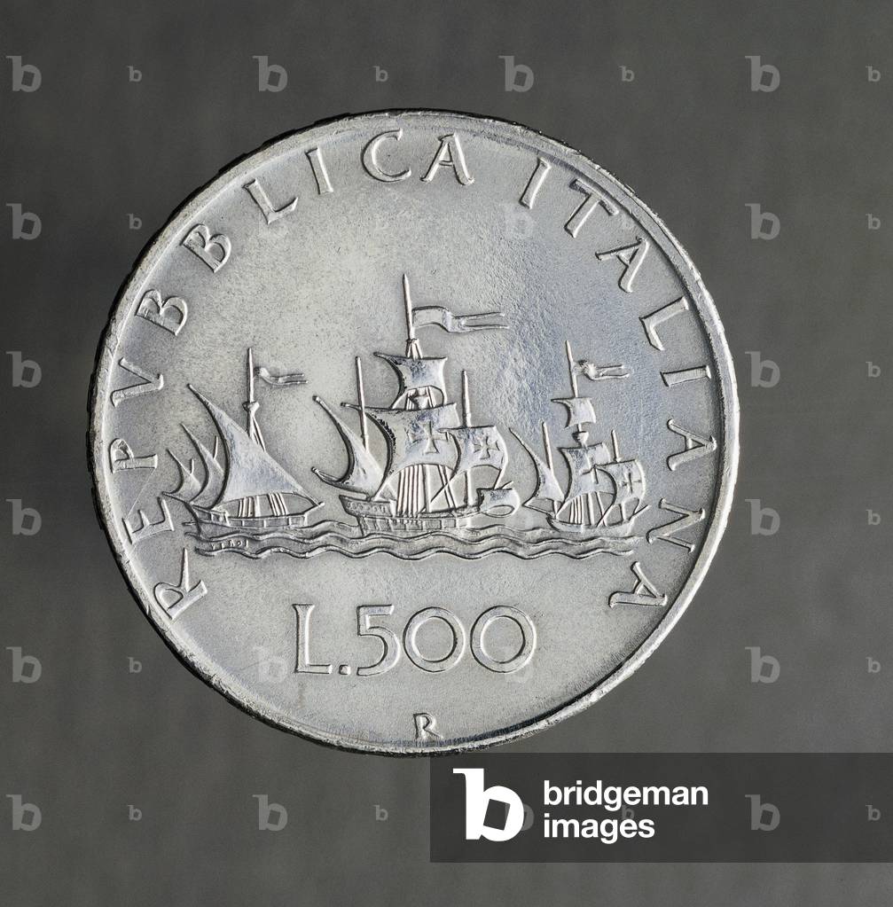 Image of 500 lire silver coin, 1958, obverse, three caravels of Christopher