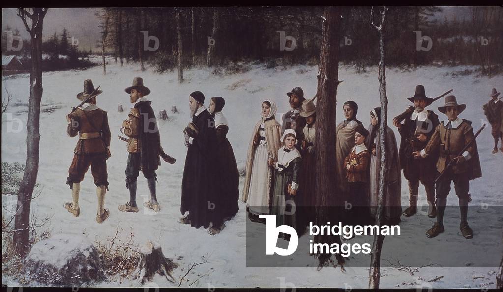 Image of Pilgrim Fathers going to church in colonial America, 1867 (oil ...