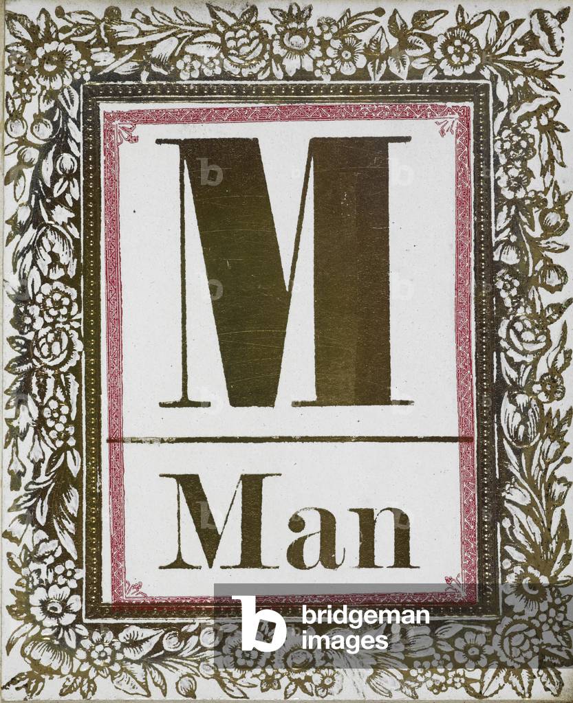Image of Letter M: Man. Gold letter with decorative border