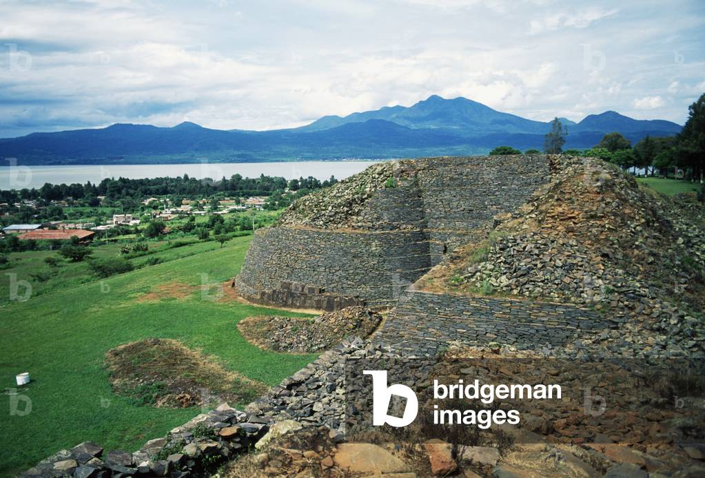 Image of View of yacata pyramids, with Lake Patzcuaro in background ...