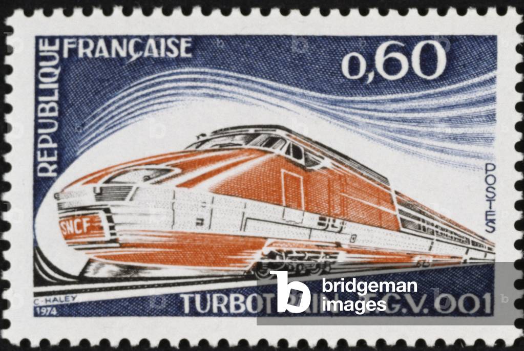 Image of Postage stamp honoring TGV, 1974, France, 20th century