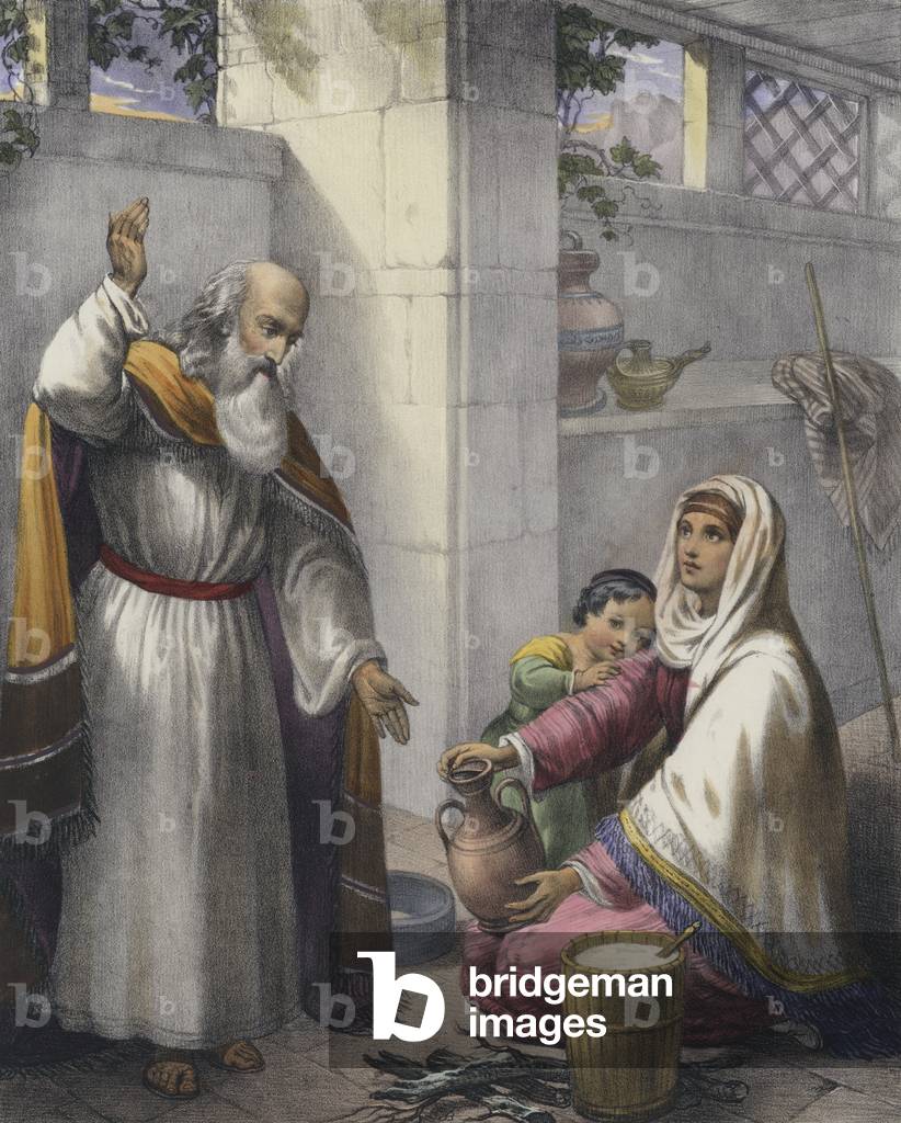 Elijah and the widow of Zarephath (coloured engraving) by Bendixen ...