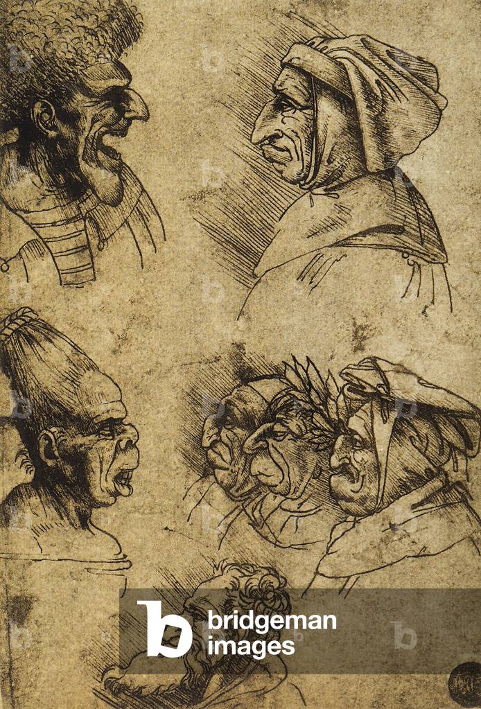 Image of Seven grotesque heads; drawing by Leonardo da Vinci. Gallerie ...