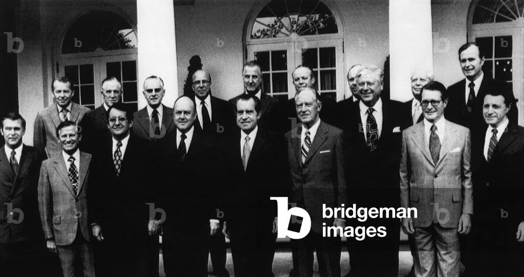 Image of 1972 Nixon Cabinet. From left, front row: Donald Rumsfeld, John