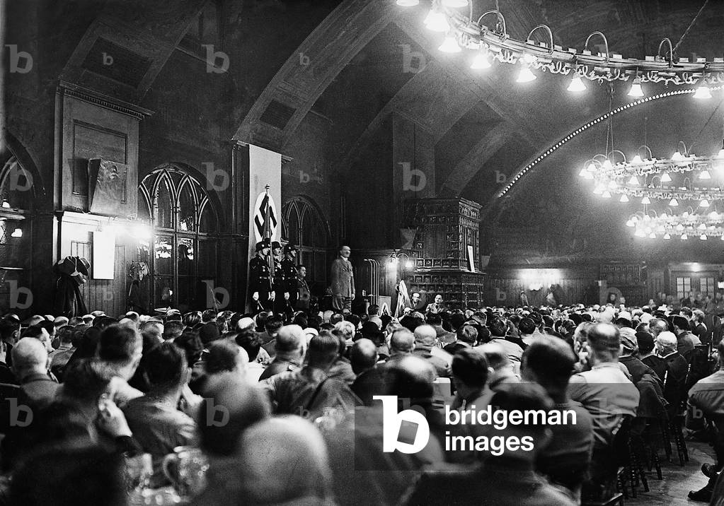 Image of Adolf Hitler speaks in the Hofbraeuhaus, 1937 (b/w photo)