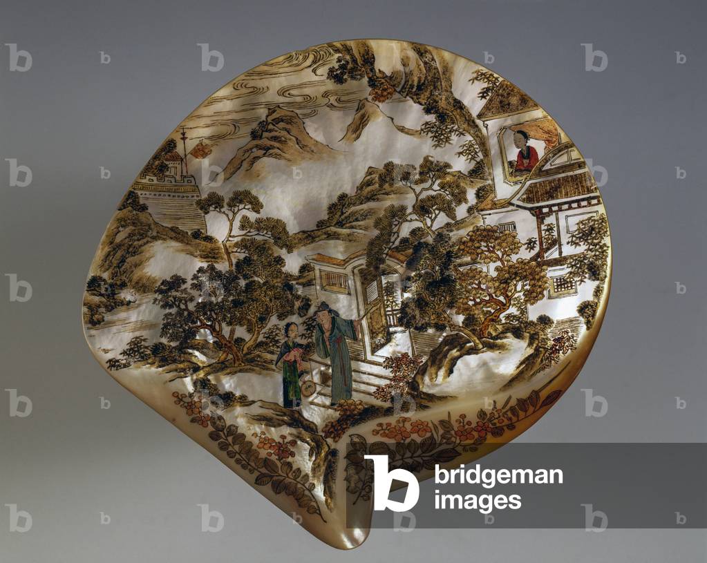 Image of Landscape with Chinese theatrical scene painted on mother of pearl