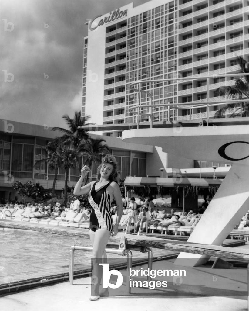 Image of Miss Georgia, Kay Anne Shoffner, poses at the Carillon Hotel