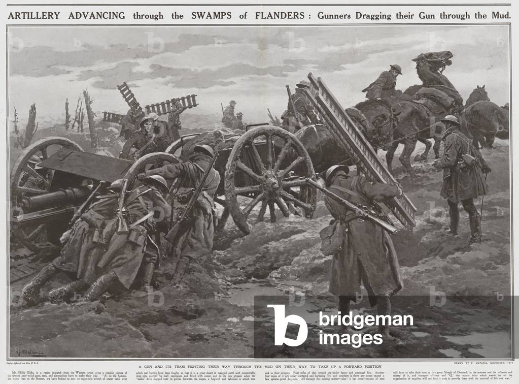 Image of Artillery advancing through the swamps of Flanders, gunners ...