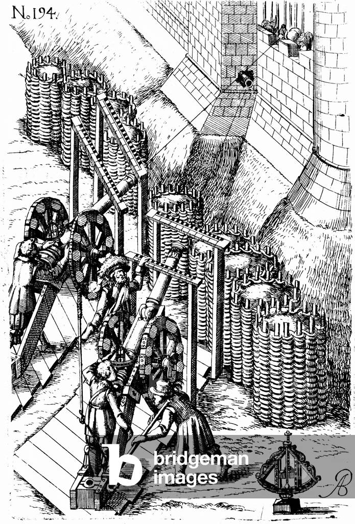 Laying siege cannon on target .Bottom right is a gunner's level. Earth ...
