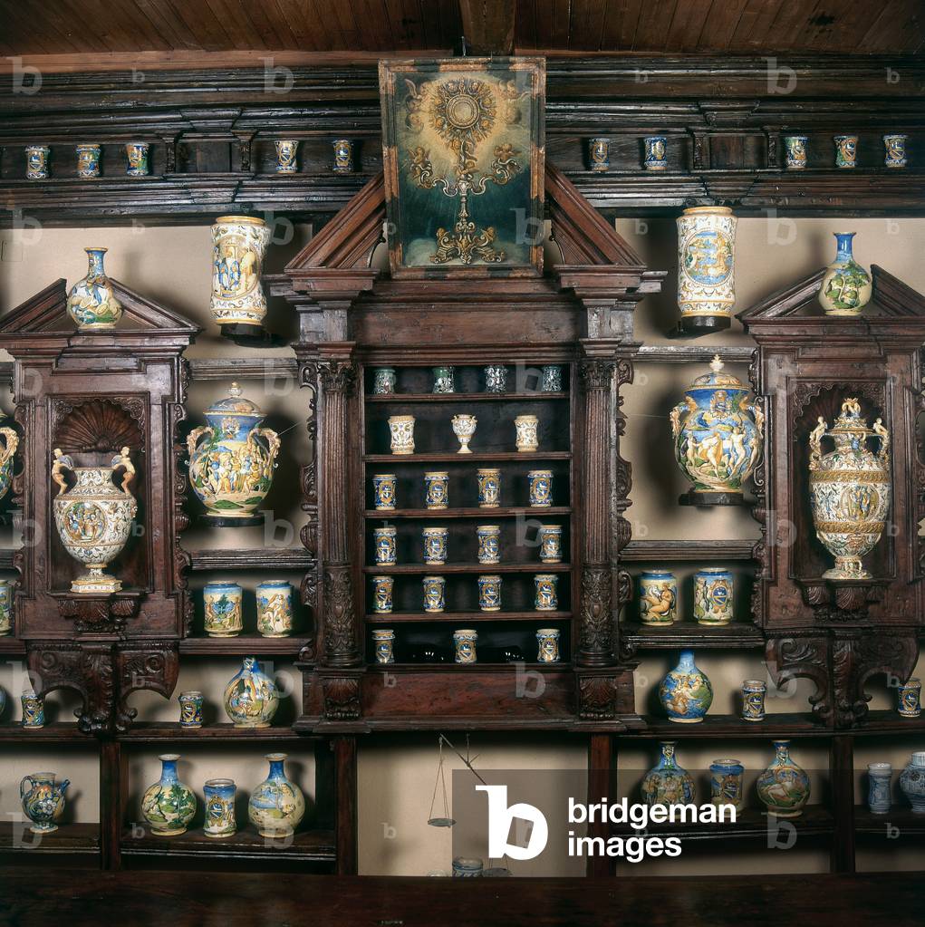 Image of Some of majolicas in the ancient pharmacy in Roccavaldina, in