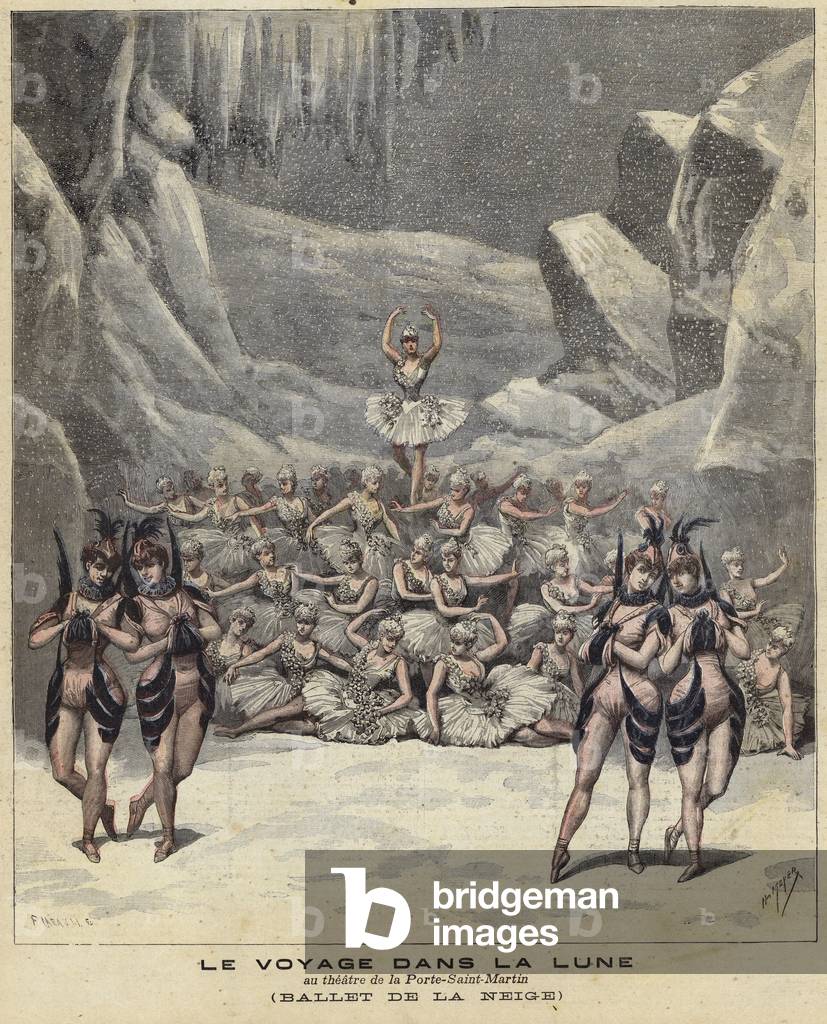 Image of The trip to the moon (coloured engraving) by French School ...