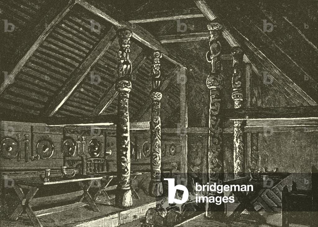 Image of Reconstruction of a Viking hall (engraving) by Danish School ...