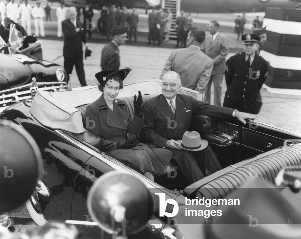 Image of President Harry S. Truman rides with Princess Elizabeth in an