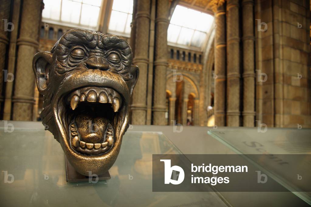 Image of Close-up on a bronze chimpanzee statue in the interior of