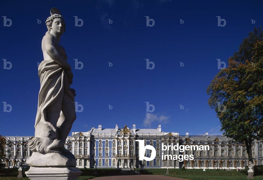 Image of Catherine Palace, 1752-1756, statue in foreground, architect ...