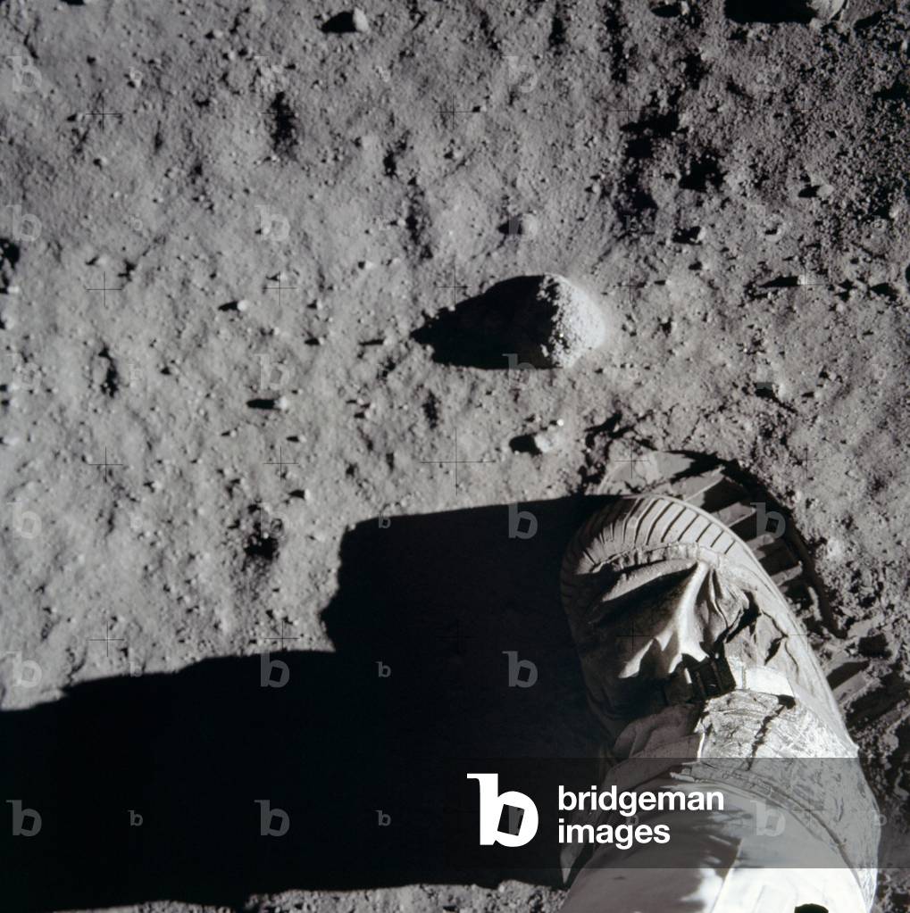 Image of Apollo 11 astronaut boot and boot print on the surface