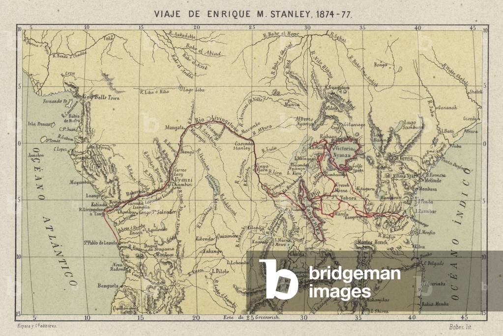 Image of Map showing the journeys of the explorer Henry Morton Stanley by English School, (19th ...