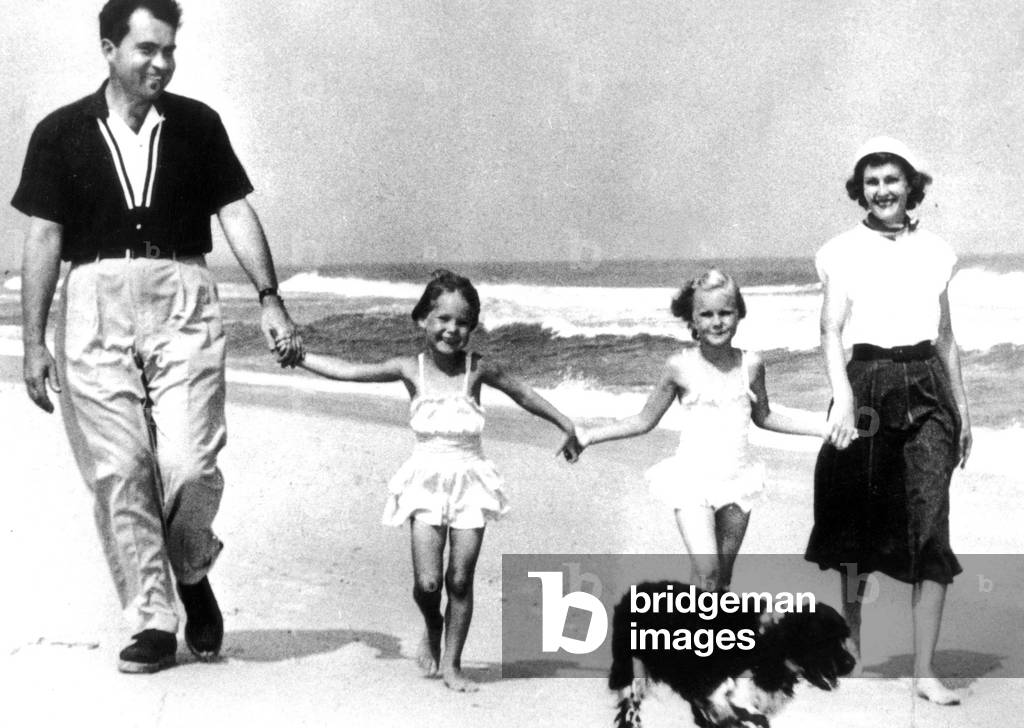 Image of Richard Nixon with his wife Patricia Thelma and their daughters