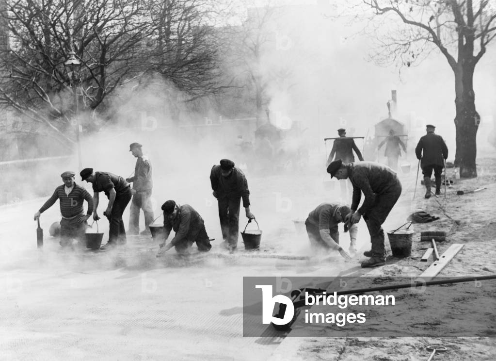 Image of Road construction workers in Nazi Germany, in the 1930s. The