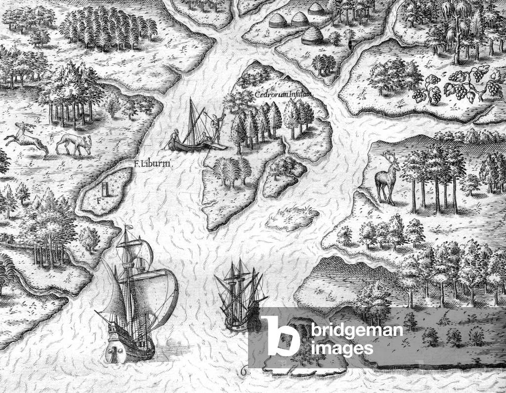 Image of Jean Ribault sets up a column bearing the arms of by Bry ...