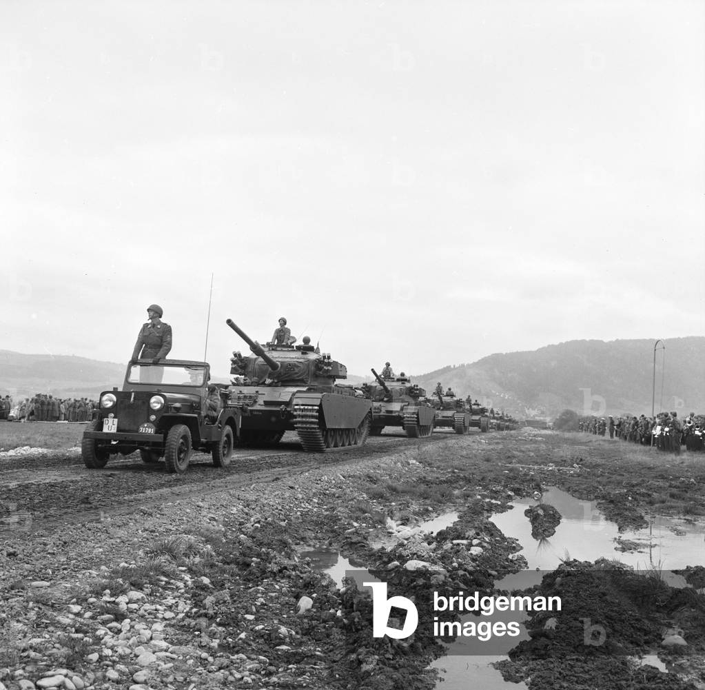 Image of Switzerland Army Battle Tanks Centurion 55 Mk-3, 1957 (b/w photo)