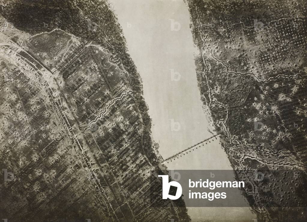 Image of Aerial view of Austrian footbridge on Piave River in Salgareda,