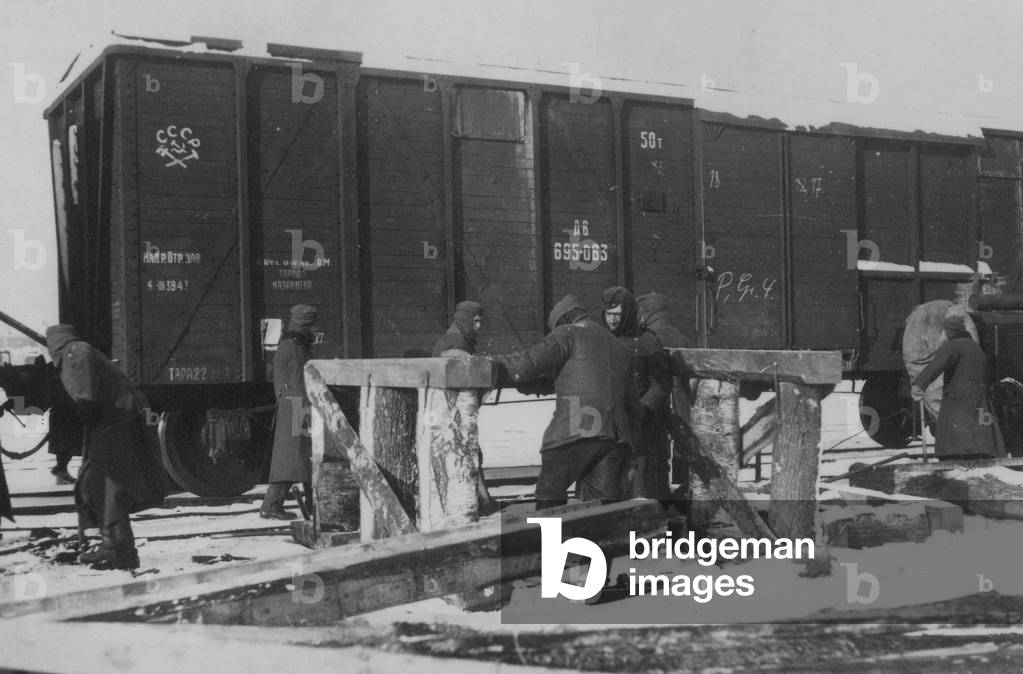 Image of Soldiers and a Train in Winter, 1942 (b/w photo)