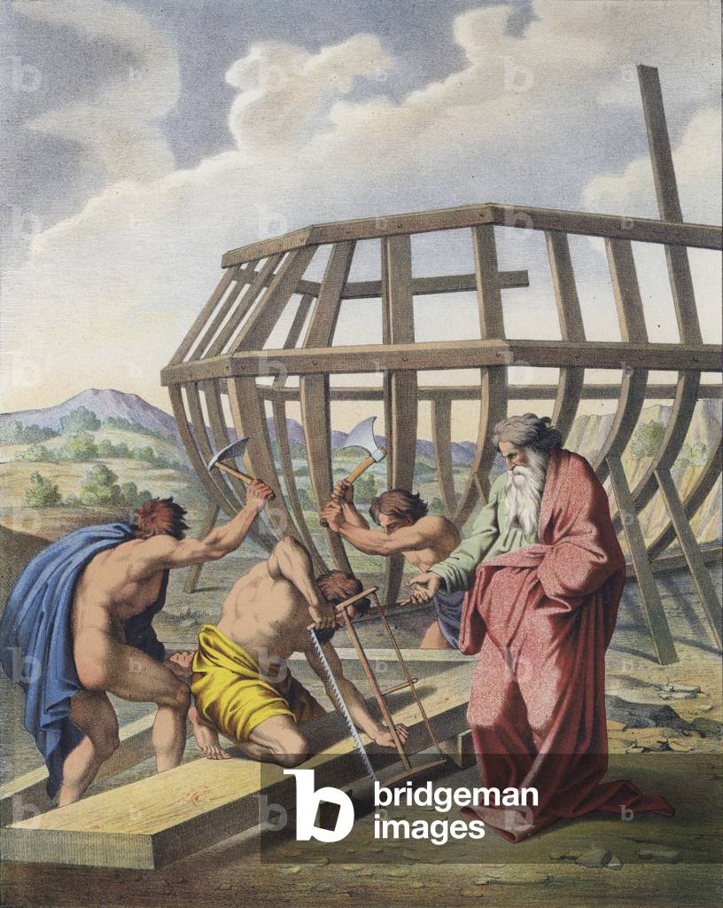 Image of Noah supervising the building of the Ark (colour litho) by ...