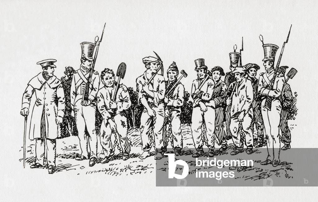 Image of A Hobart chain-gang, a group of prisoners chained together to