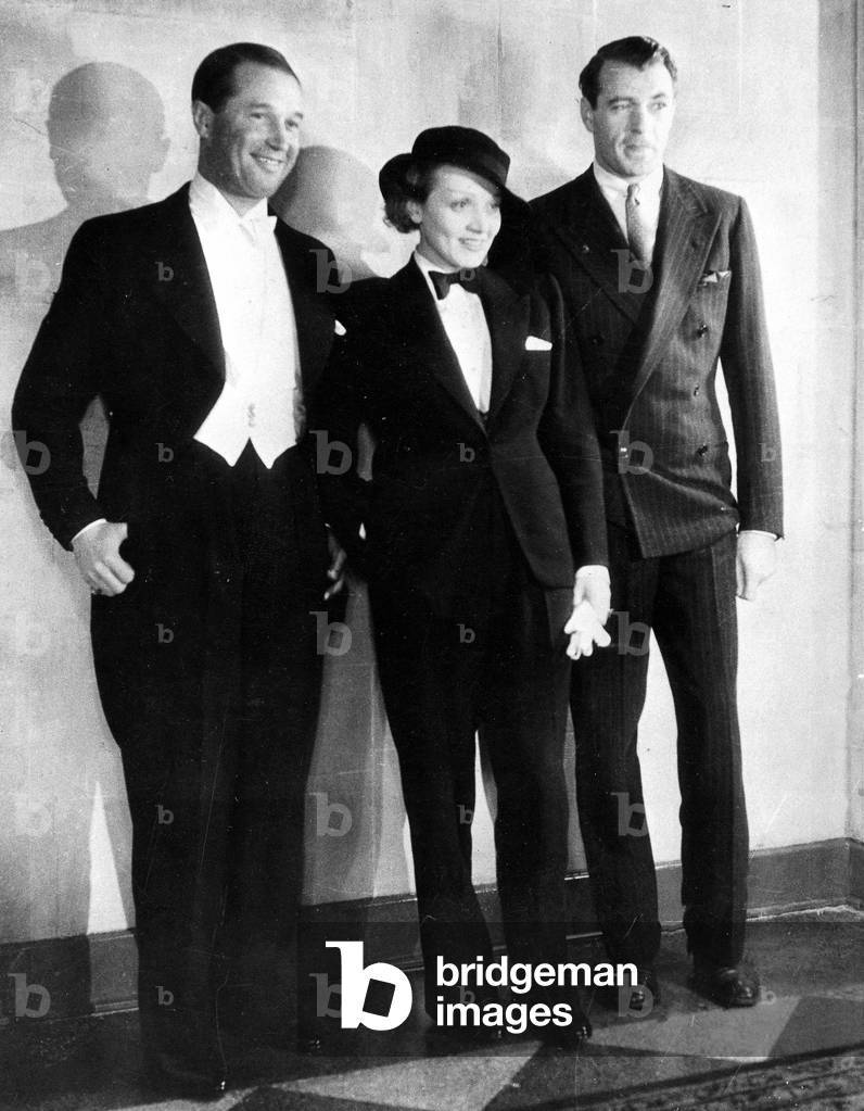Image of Maurice Chevalier, Marlene Dietrich and Gary Cooper at a show