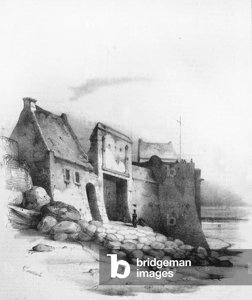 Image of First gate in mount Saint Michel (Normandy, france), engraving by
