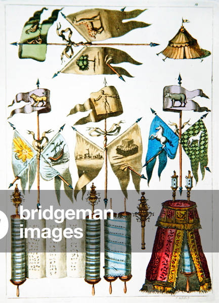 Image of Jewish symbols, flags and Torah (colour litho) by French ...